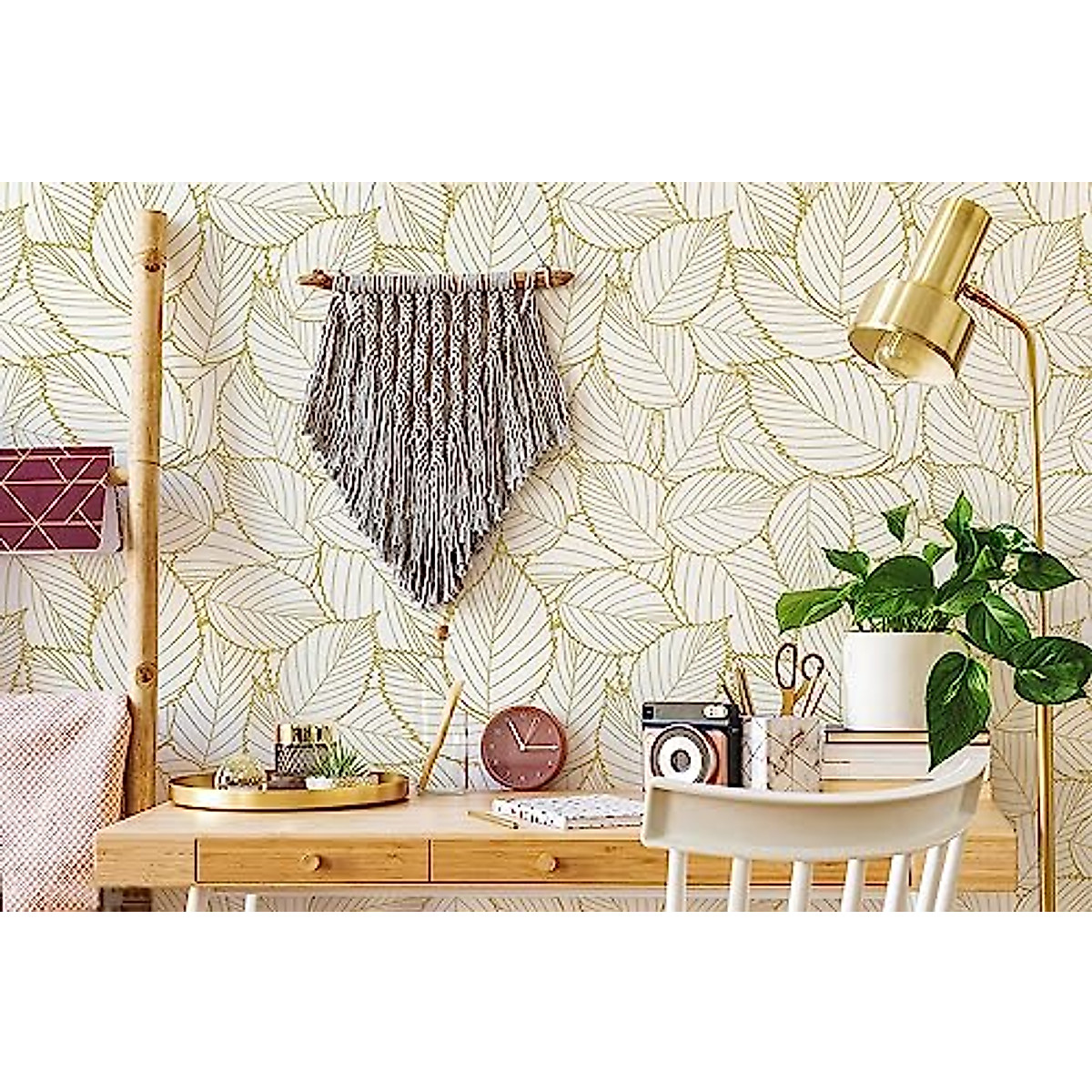 Peel and Stick Wallpaper Gold Contact Paper Leaf Wallpaper Boho Leaves Peel and Stick Wallpaper Self-Adhesive Wallpaper Waterproof Wallpaper for Wall Home 17.7" X118"