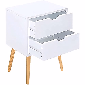 SWEETGO End Side Table Nightstand with Storage Drawer -Fashion Modern Assemble Storage Cabinet Bedroom Bedside -Solid Wood Legs Living Room Bedroom Furniture-Double Drawer Nightstand (1, White)