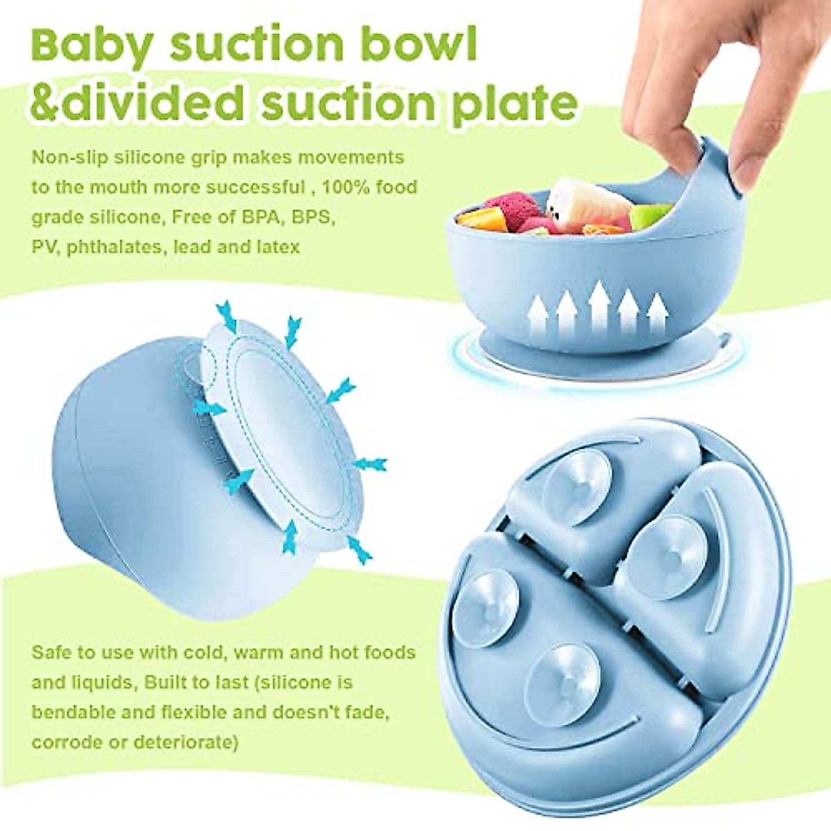 BAEDIMI Baby Led Weaning Supplies - Silicone Baby Feeding Set - Divided Plate, Suction Bowl, Bib, Self Feeding Spoon and Fork, Teethers Set - First Stage Solid Food Eating Utensils 6+ Months