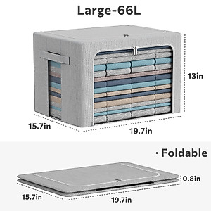3Pack Foldable Storage Bins - Frame Storage Box Linen Fabric Stackable Clothes Container Organizer with Clear Window & Carry Handles Large Capacity (Large-66L, Light Grey)