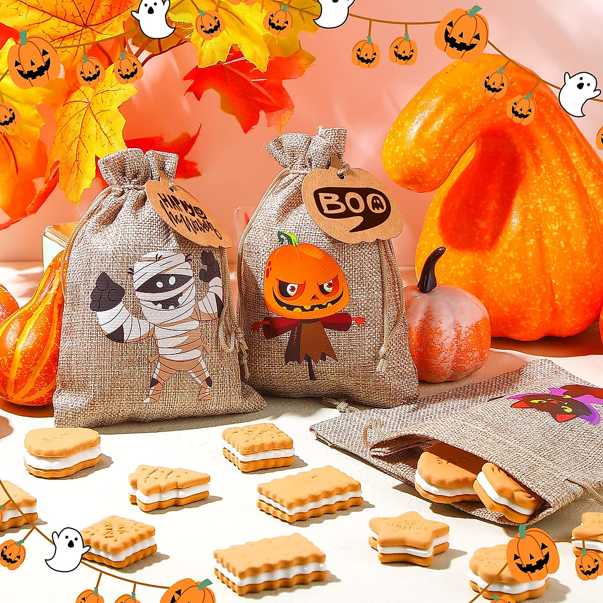 24 Pcs Halloween Burlap Treat Bags with Pumpkin Cards and Drawstring 7 x 5 Inch Halloween Linen Jute Bag Trick or Treat Burlap Candy Bag Halloween Candy Pouches for Halloween Party Favor (Funny Style)