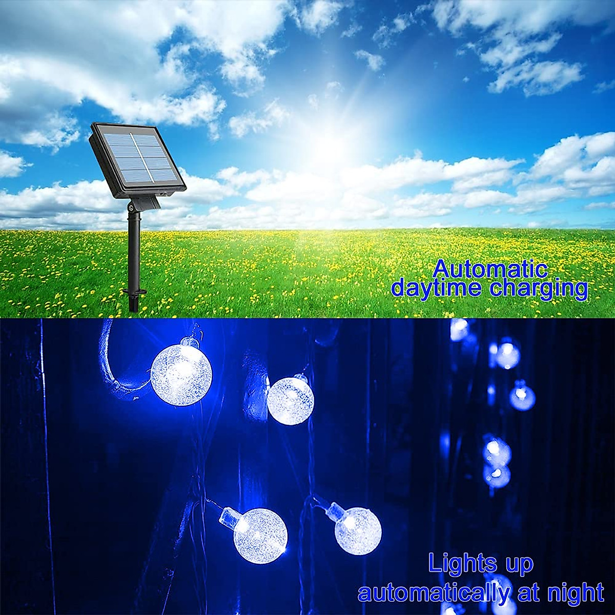 YZIXNUY Solar String Lights Outdoor Waterproof, 30.2FT 60 LED Crystal Globe Fairy Lights Solar Powered& USB Plug-in Powered with 8 Lighting Modes for Indoor Outdoor Party Home Backyard Wedding (Blue)