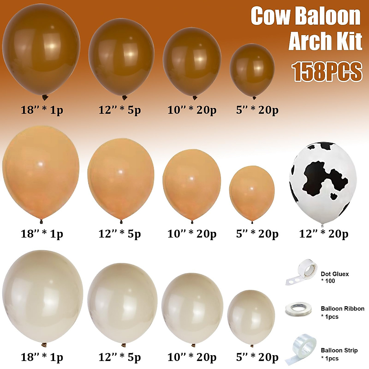 158Pcs Cow Balloons Arch Kit with Brown Cow Print Balloon for CowBoy CowGirl Party Themed Baby Shower Farm Birthday Decorations Rodeo Western Balloon Arch