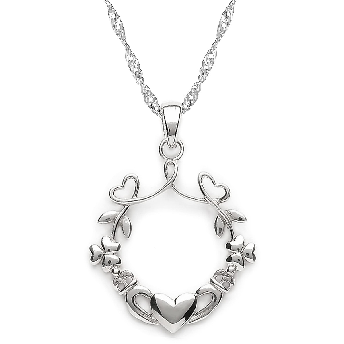 ICEBERRY Irish Claddagh Necklace 925 Sterling Silver - Dainty Leaf Clover Wreath Pendant with Chain 20" - Good Luck Blessing Shamrock Charm - Celtic Jewelry for Women