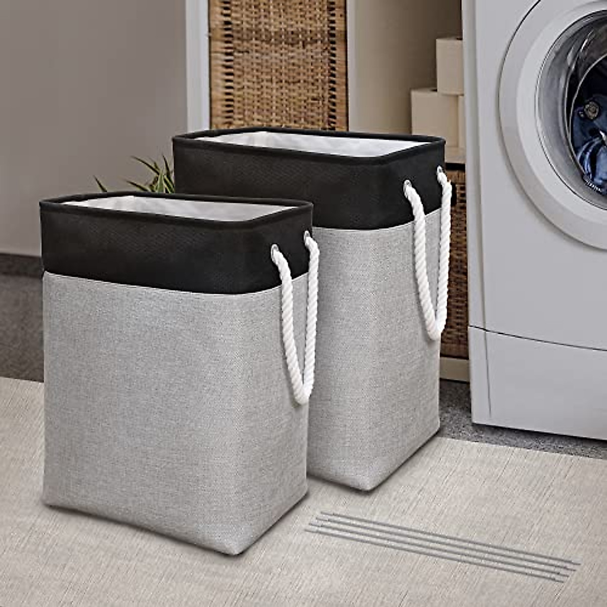 Sursay Products 2 Pack Sturdy Laundry Basket Clothes Hamper for Bathroom, Freestanding Collapsible Fabric Canvas Storage Organizer with Support Rods & Rope Handles Gray