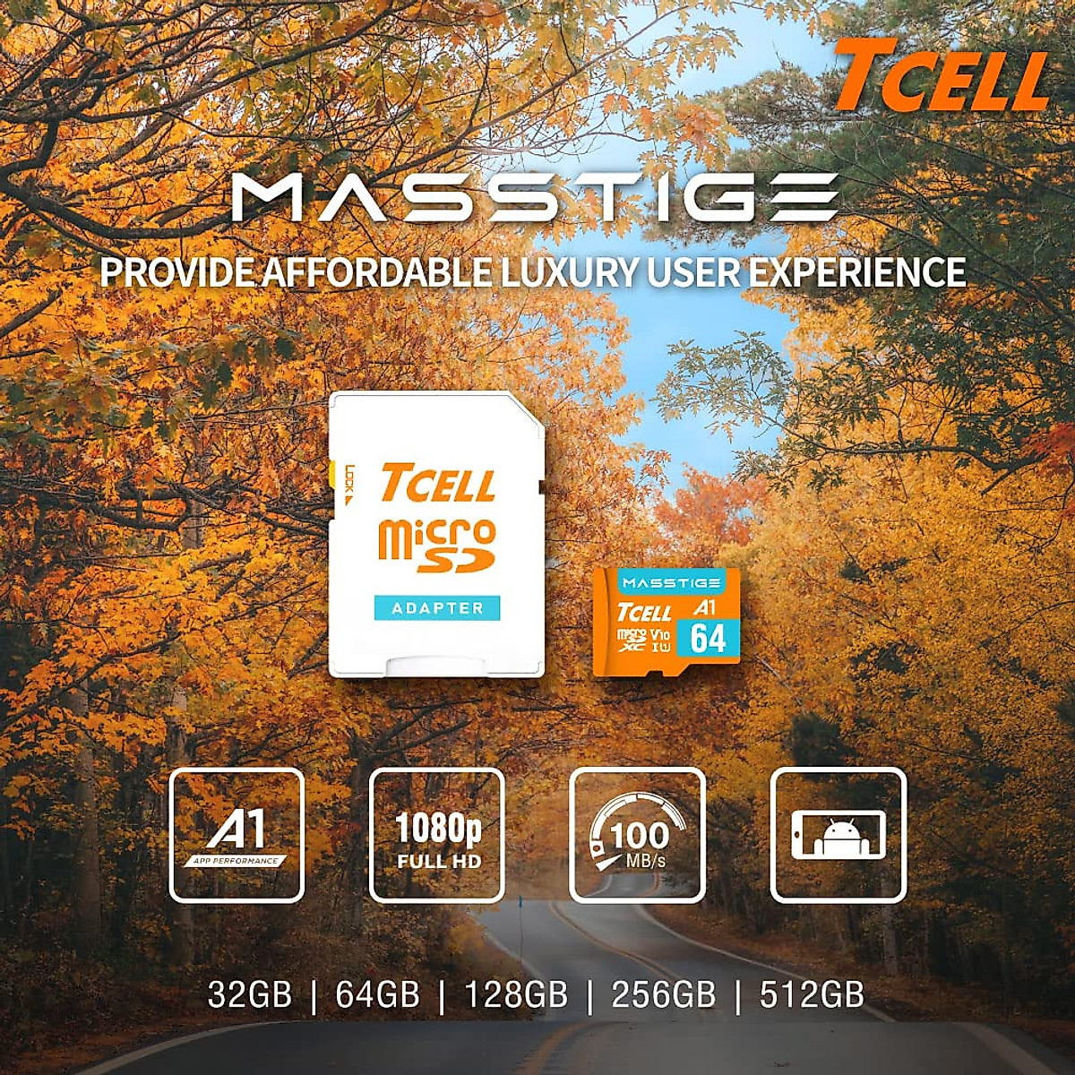 TCELL MASSTIGE 64GB microSDXC Memory Card with Adapter - A1, UHS-I U1, V10, Micro SD Card, Read up to 100 MB/s, Full HD