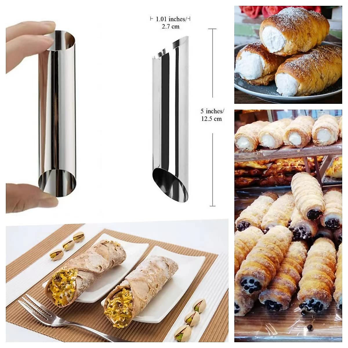 AMBESTAR 10 Pack Cream Horn Molds for Baking +10 Pack Cannoli Tubes Stainless Steel, 5 inch Large Size Cream Horn Mould and Cannoli Tubes for Baking Cream Horns, Brioche Rolls