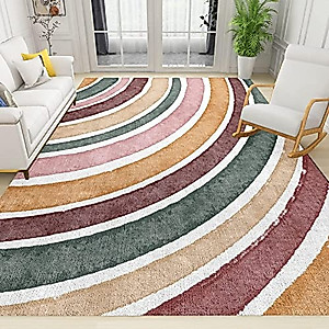 Mid Century Boho Rainbow Sun Area Rug, Retro Geometric Sunrise Bedroom Carpet, Soft Machine Washable Non-Slip Durable for Living Room Bedroom Study Dining Room Boy Girl Decor6 x 8ft