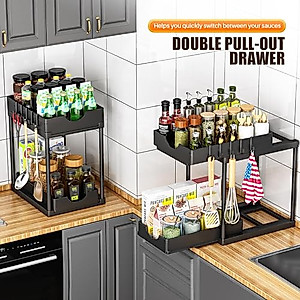 2 Pack Under Sink Organizer，Bathroom Cabinet Organizer, 2 Tier Sliding Cabinet Organizer Drawer with 8 Hooks Pull Out Cabinet Organizer Multi-Purpose Organizer for Bathroom Kitchen (Black x 2)