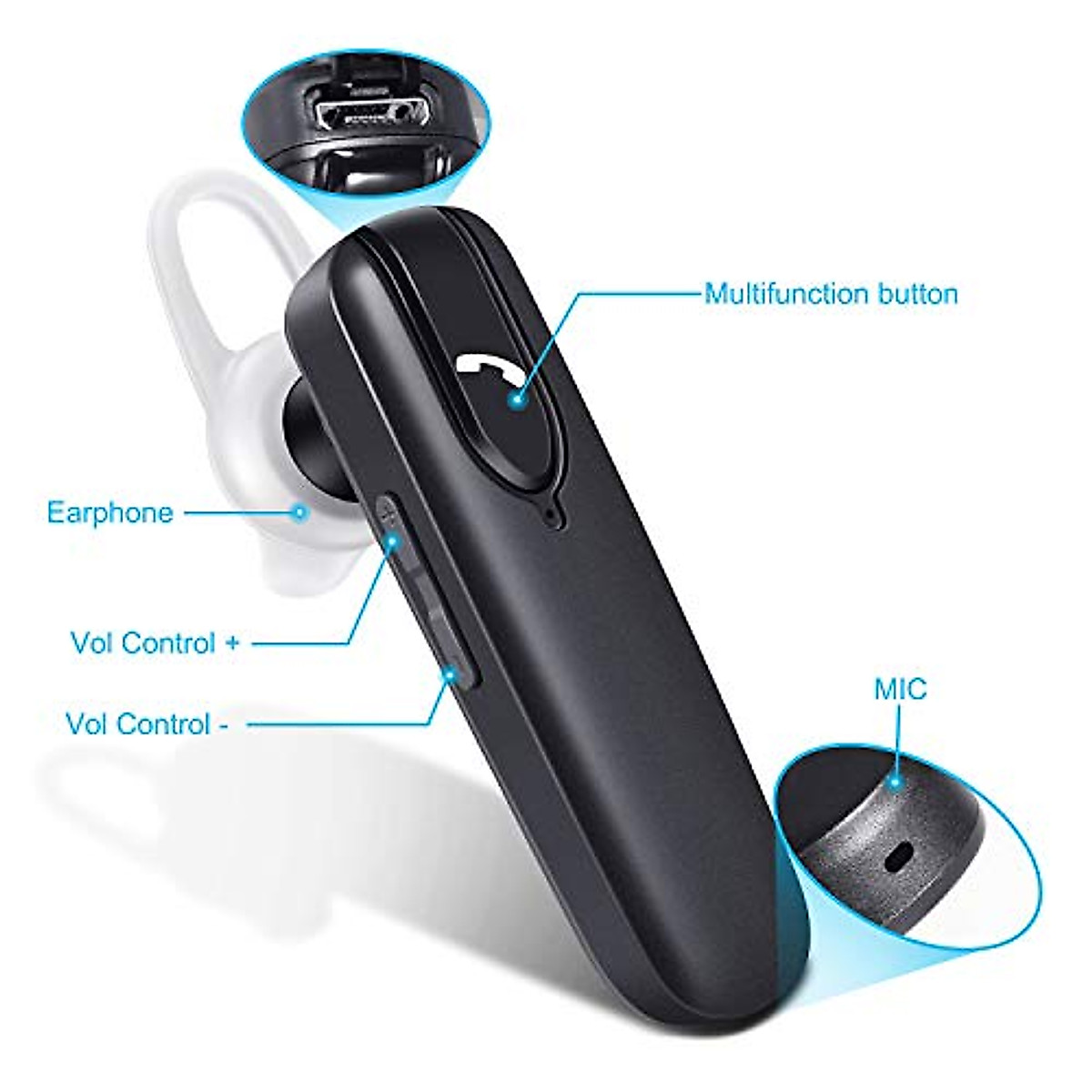 Bluetooth Headset for Cell Phones,Voice Command Wireless Headset with Noise Cancelling,Hands Free Bluetooth Headphone Earbuds Fit for iPhone Android Samsung Laptop Truck Driver