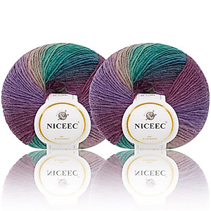 NICEEC 2 Skeins Rainbow Soft Yarn 100% Wool Gradient Multi Color Yarn for Crocheting Knit Total Length 180m×2(196yds×2,50g×2)-5#