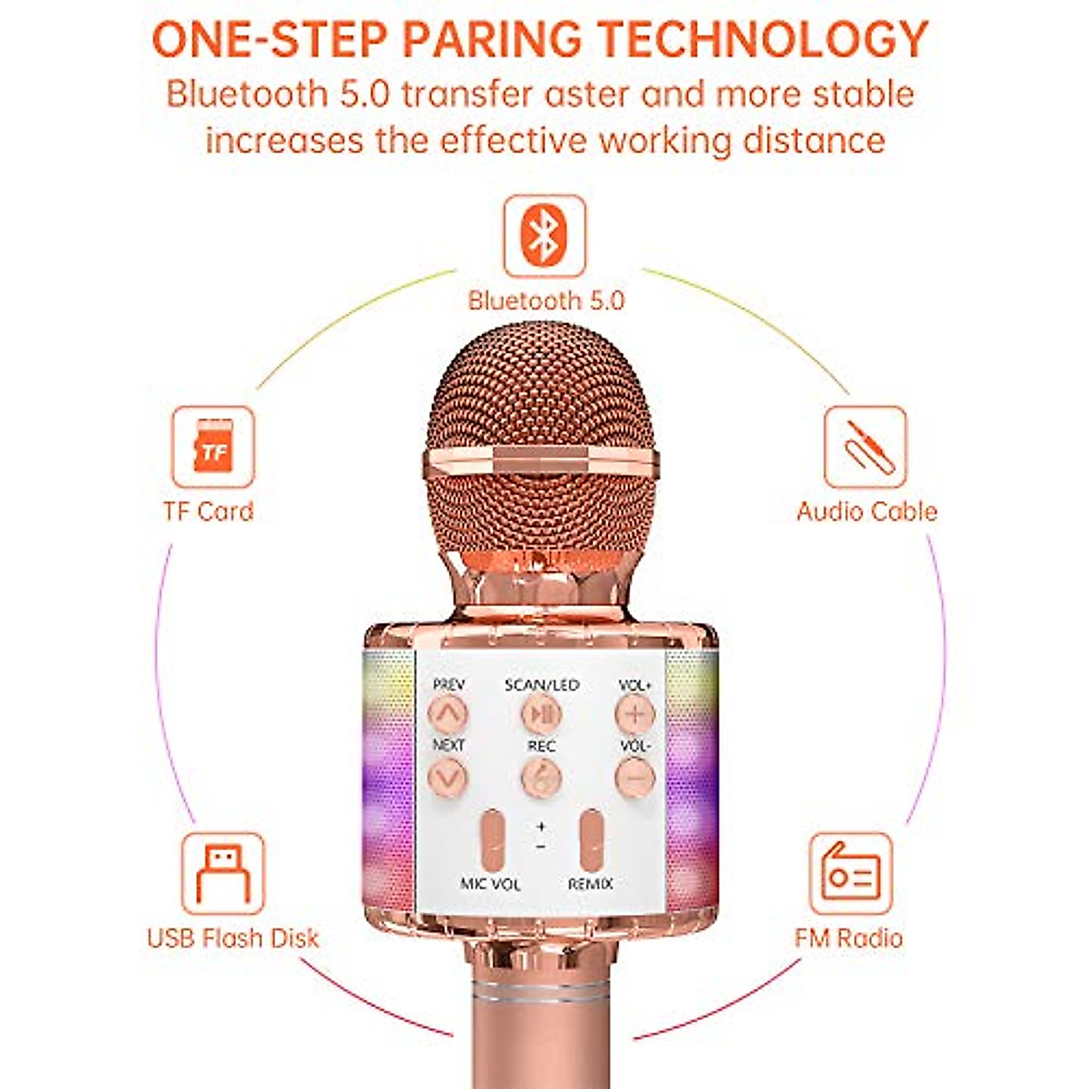 OVELLIC Karaoke Microphone for Kids, Wireless Bluetooth Karaoke Microphone with LED Lights, Portable Handheld Mic Speaker Machine, Great Gifts Toys for Girls Boys Adults All Age (Rose Gold)