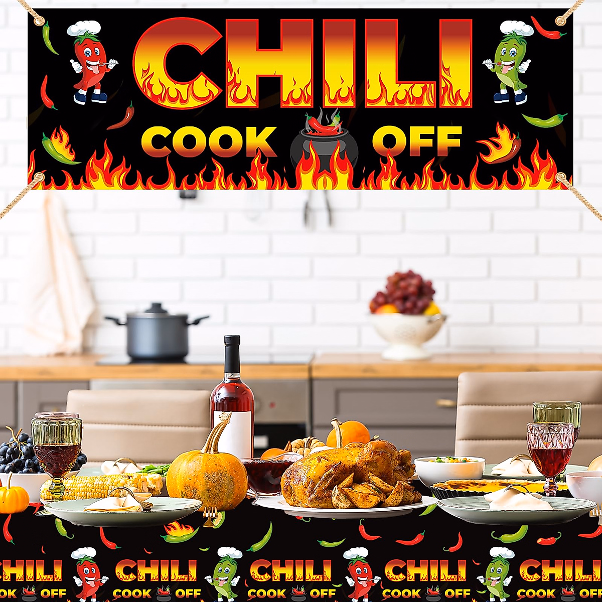 Tkifoda Chili Cook Off Decorations, 71" x 24" Chili Cook Off Banner, 3 Pcs Chili Pepper Plastic Tablecloth Table Cover 53" x 108", Mexican Fiesta Chili Cooking Party Supplies