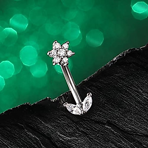 COCHARM Flower 14G Belly Button Ring Silver Small Belly Rings for Women Short Bar Curved Barbell Hypoallergenic Clear CZ Belly Navel Piercing Jewelry