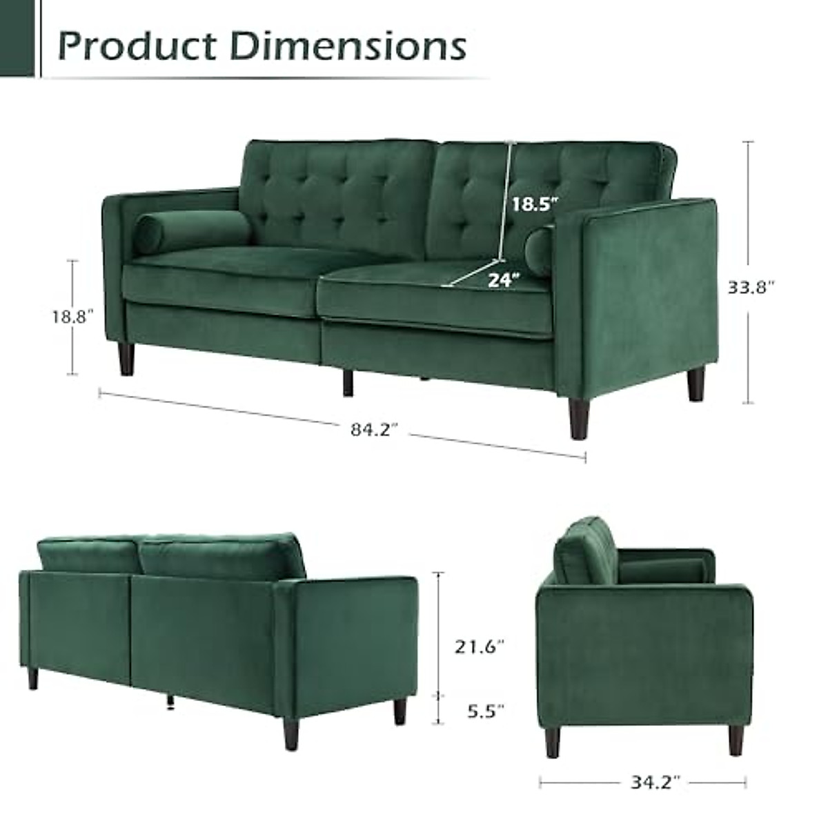 Esright 84.2" Velvet Couch Sofa with 2 Bolster Pillows,Green Office Sofa Mid-Century Couch for Living Room 3 Seats Couch for Apartment
