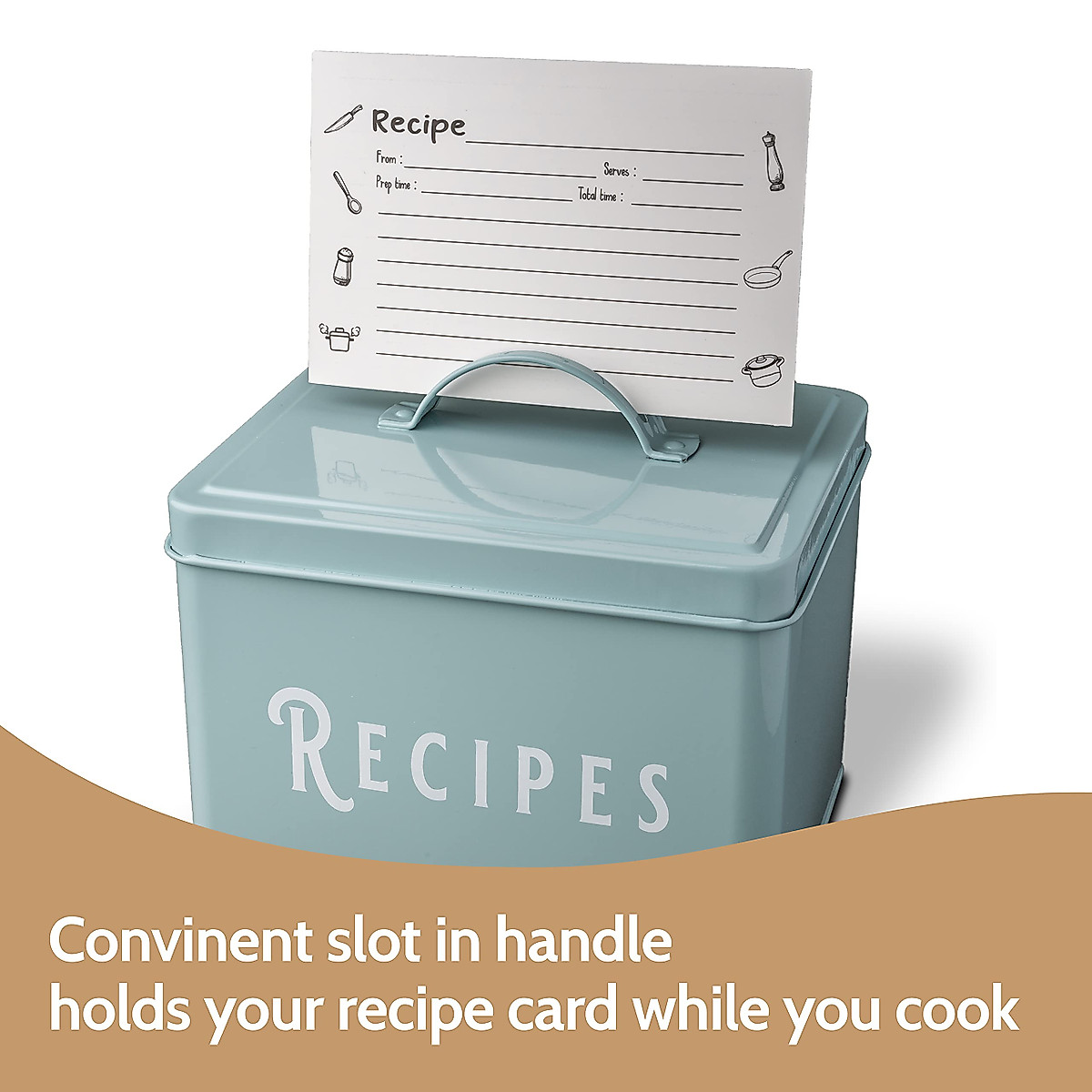 Large Farmhouse Metal Recipe Box With Cards And Dividers - Large Blue Vintage Tin Recipe Box With Card Holder In Handle. Comes With 80 4 X 6 Double Sided Recipe Cards And 20 Dividers.