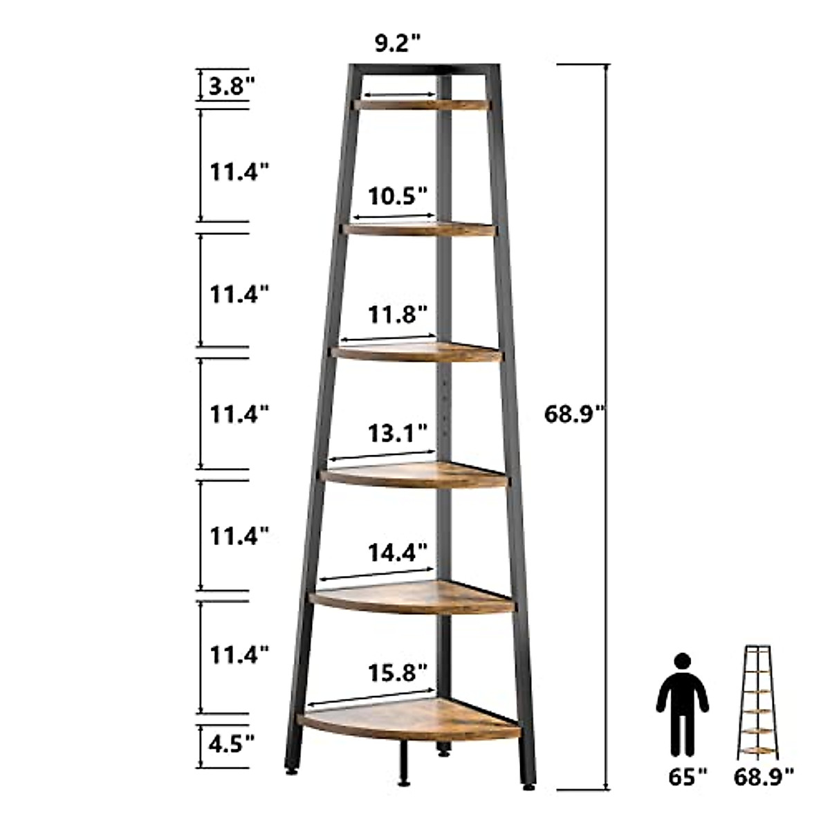 Lulive 6 Tier Corner Shelf, 68.9" Industrial Tall Corner Ladder Shelf Stand, Corner Bookshelf Bookcase for Living Room, Home Office, Balcony, Small Space
