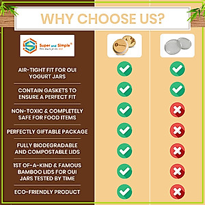 4 Oui Yogurt Jar Lids With Beautiful Olive Branches Pattern. Made of Bamboo Wood with Food Grade Silicone Sealing Ring. Durable, Food-Safe, Airtight Fit. Oui Yogurt Jar Lids for Regular or Petite Jars