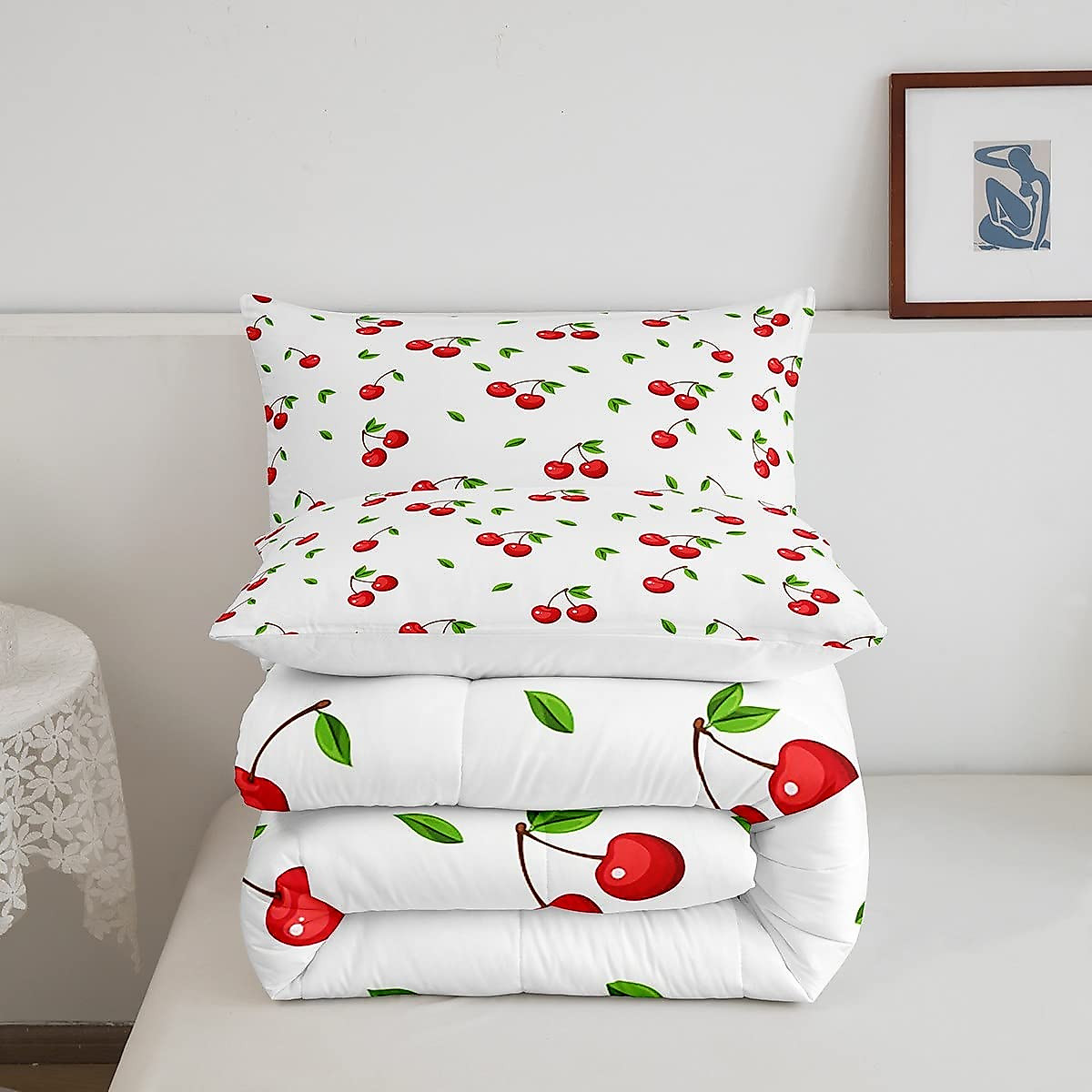 Erosebridal Cherry Bedding Set Pink Fruits Comforter Set for Adult Women Girls Kawaii Room Decor Bedding Duvet Soft Simple Style Quilted Duvet Teens Boys Cherry Print Down Comforter, Queen Size