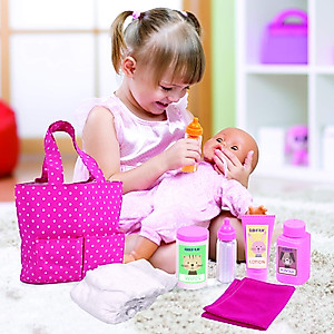 Click N' Play Baby Girl Doll Diaper Bag, Pink Soft Carrying Bag Including Cleaning, Caring, & Feeding Accessories - Baby Doll Bottles, Towel, Powder, Lotion, Wipes