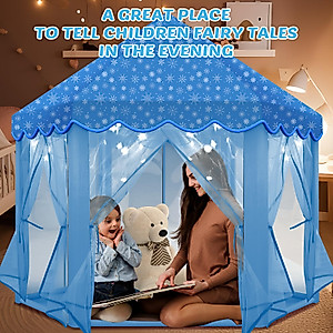 Blue Princess Tent Girls Large Playhouse Kids Castle Play Tent with Star Lights Toy for Children Indoor and Outdoor Games for Ages 3 4 5 6 Year Old