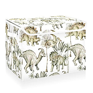 CaTaKu Dinosaurs Jungle Leaves Storage Bins with Lids Fabric Large Storage Container Cube Basket with Handle Decorative Storage Boxes for Organizing Clothes Shelves