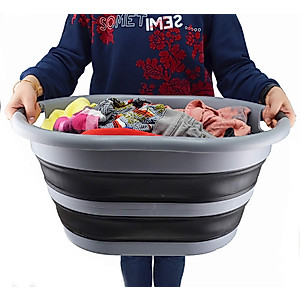 SAMMART 2 pcs Set : 36L (9.5 Gallon) Collapsible Plasic Laundry Basket & 10L (2.64 Gallon) Collapsible Bucket/Waterpot (Laundry Basket+Bucket, Black+Black)