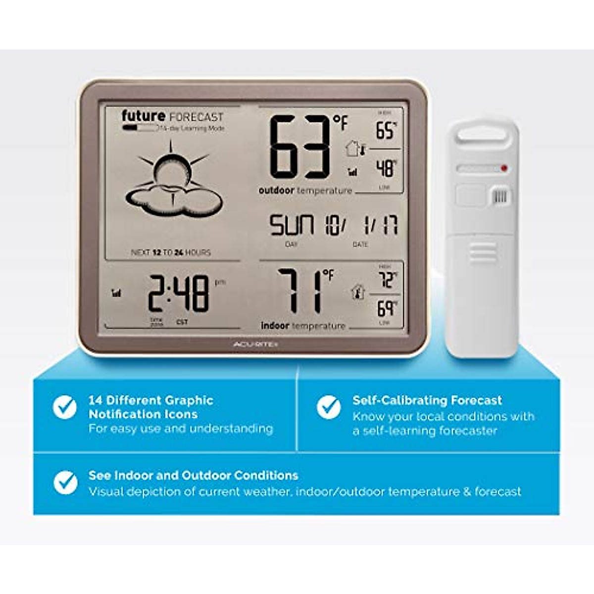 AcuRite 75077A3M Self-Learning Forecast Wireless Weather Station with Large Display and Atomic Clock, Black