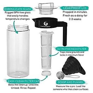 Coffee Gator Cold Brew Coffee Maker - 47 oz Iced Tea and Iced Coffee Maker and Pitcher w/Glass Carafe, Filter, Funnel & Measuring Scoop - Black
