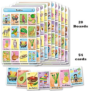Fiesta Themed Tablas Game in Spanish for Up to 20 Players - 20 Playing Boards and Full Deck Calling Cards