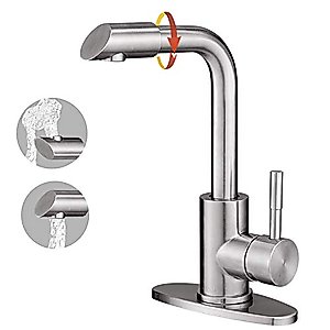 Hoimpro 360° Rotate Spout Single Handle Wet Bar Sink Faucet,Single Hole Bathroom Lavatory Faucet,Rv Small Bathroom Sink Faucet,Bar Vanity Faucet, Stainless Steel/Brushed Nickel (1 Or 3 Hole)