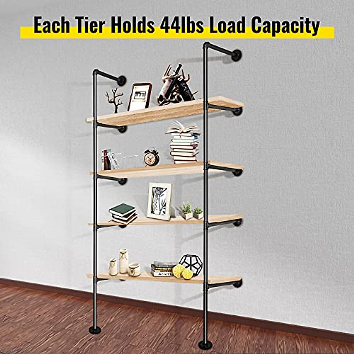VEVOR Industrial Pipe Shelves 5-Tier Wall Mount Iron Pipe Shelves 2 PCS Pipe Shelving Vintage Black DIY Pipe Bookshelf Each Holds 44lbs Open Kitchen Shelving for Bedroom & Living Room W/Accessories