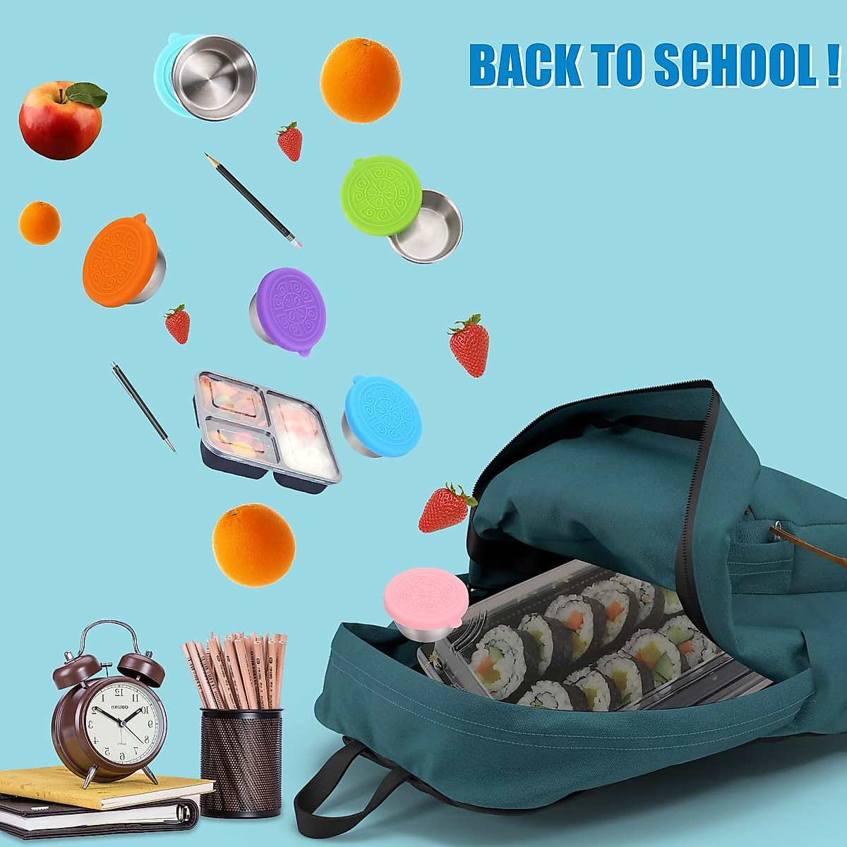 6Pack Salad Dressing Container To Go, 1.6oz Small Condiment Containers with Lids, Reusable Stainless Steel Sauce Cups Containers, Leakproof Silicone Lids for Lunch Bento Box, Picnic and Travel