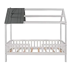 LostCat Twin Kids House Bed, Twin Size Bed House Wood Montessori House Bed Frame with Fence and Rails, House Bed Kids Montessori Beds Playhouse Tent Bed, Wood Platform Bed Frame, Grey