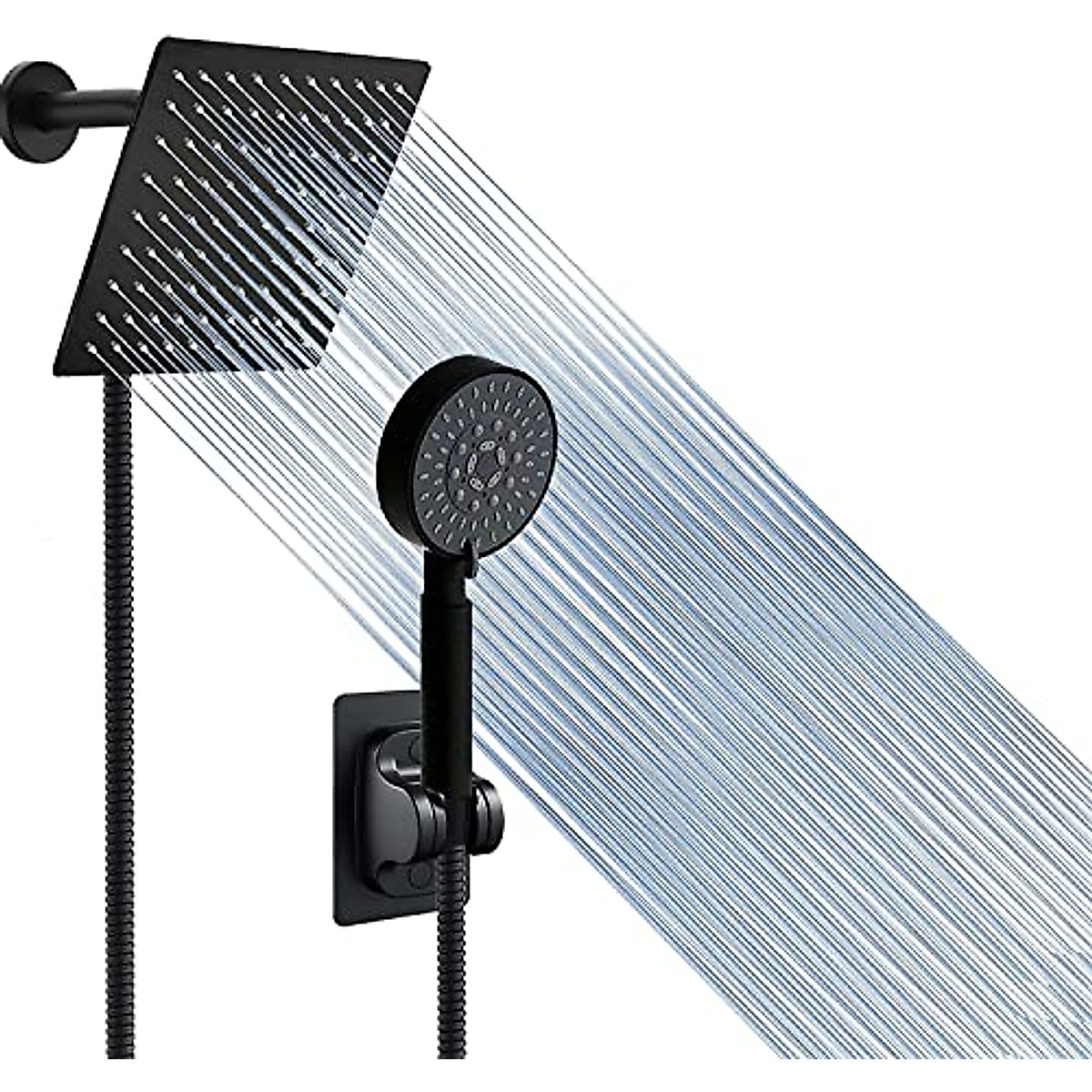 6 inch Shower Head with handheld, High Pressure 6" Rainfall Stainless Steel Shower Head/Handheld Shower with hose (Square, Matte Black)