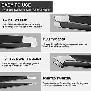 Upmore Tweezers Set, 4 pcs Professional Stainless Steel Tweezers, Eyebrow Tweezer Set with Travel Case for Eyebrows, Facial Hair, Ingrown Hair, Splinter and Blackhead (Black)…