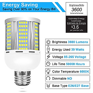 2 Pack 250W Equivalent Led Corn Light Bulb, 3600 Lumen 6000K Daylight 30W LED Corn Lamp, E26/E27 Medium Base for Indoor Garage Factory Warehouse Backyard 85V-265V