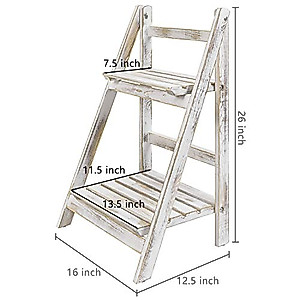 MyGift 2 Tier Rustic Whitewashed Solid Wood Freestanding Foldable Indoor Plant Stand, Decorative Wooden Display Shelf