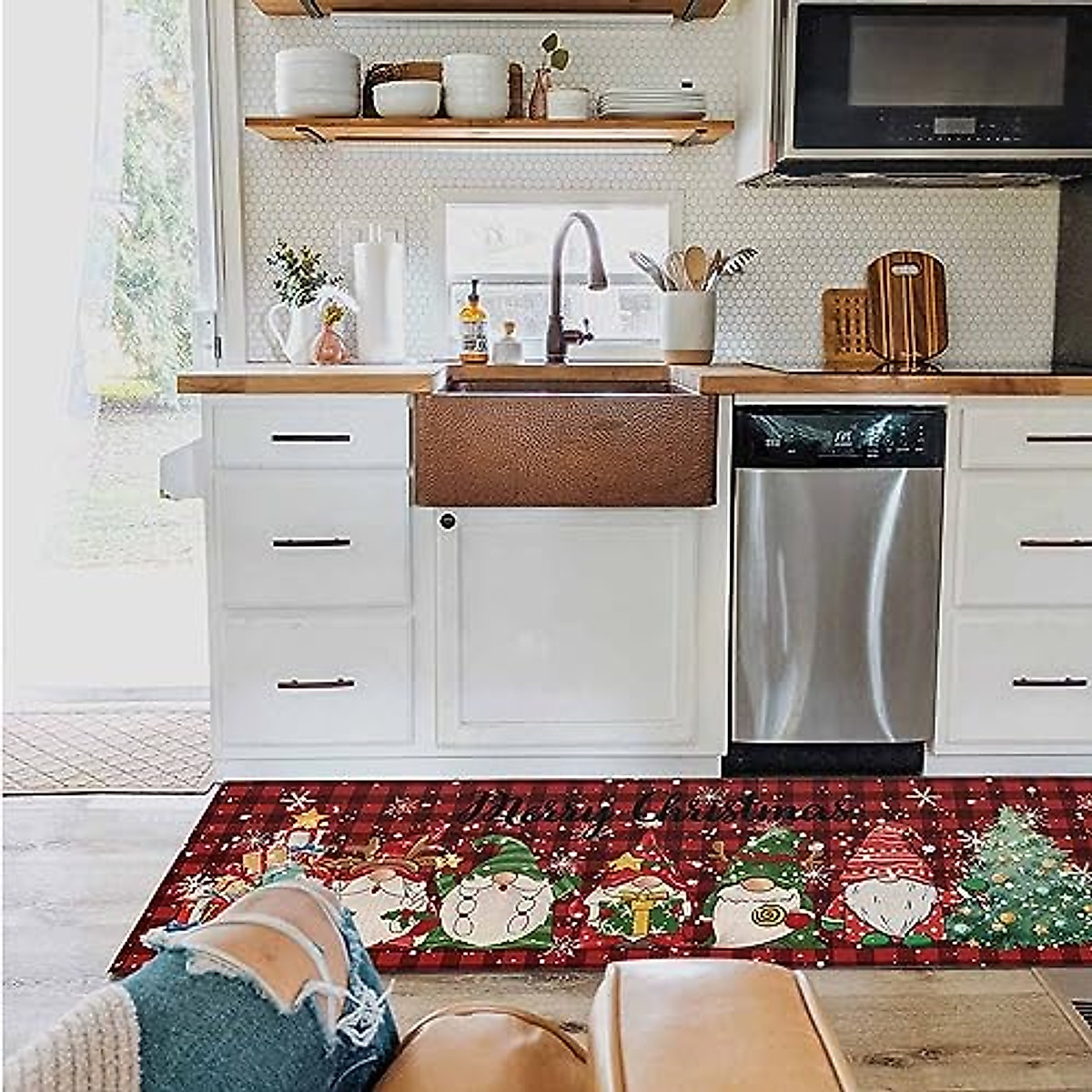 Christmas 2Pcs Kitchen Rugs Anti Fatigue Kitchen Mat Non Slip Rug Runner Comfort Standing Floor Mats Kitchen Carpet Set for Sink Laundry - Christmas Red Truck Pull Gnome Xmas Tree Red Buffalo Plaid