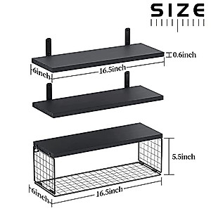 Szkiuqe 2-in-1 Floating Shelves, Bathroom Shelves with Storage Basket, Wall Mounted Rustic Wood Shelves, Farmhouse Wall Decor for Bedroom, Kitchen, Living Room and Plants - Black