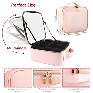 WangSelect Lighted Makeup Case with Full-screen HD Mirror Travel Makeup Train Case with Adjustable Dividers Cosmetic bag with Foldable 1x/10x Magnifying Mirror and Jewelry Box Phosphor