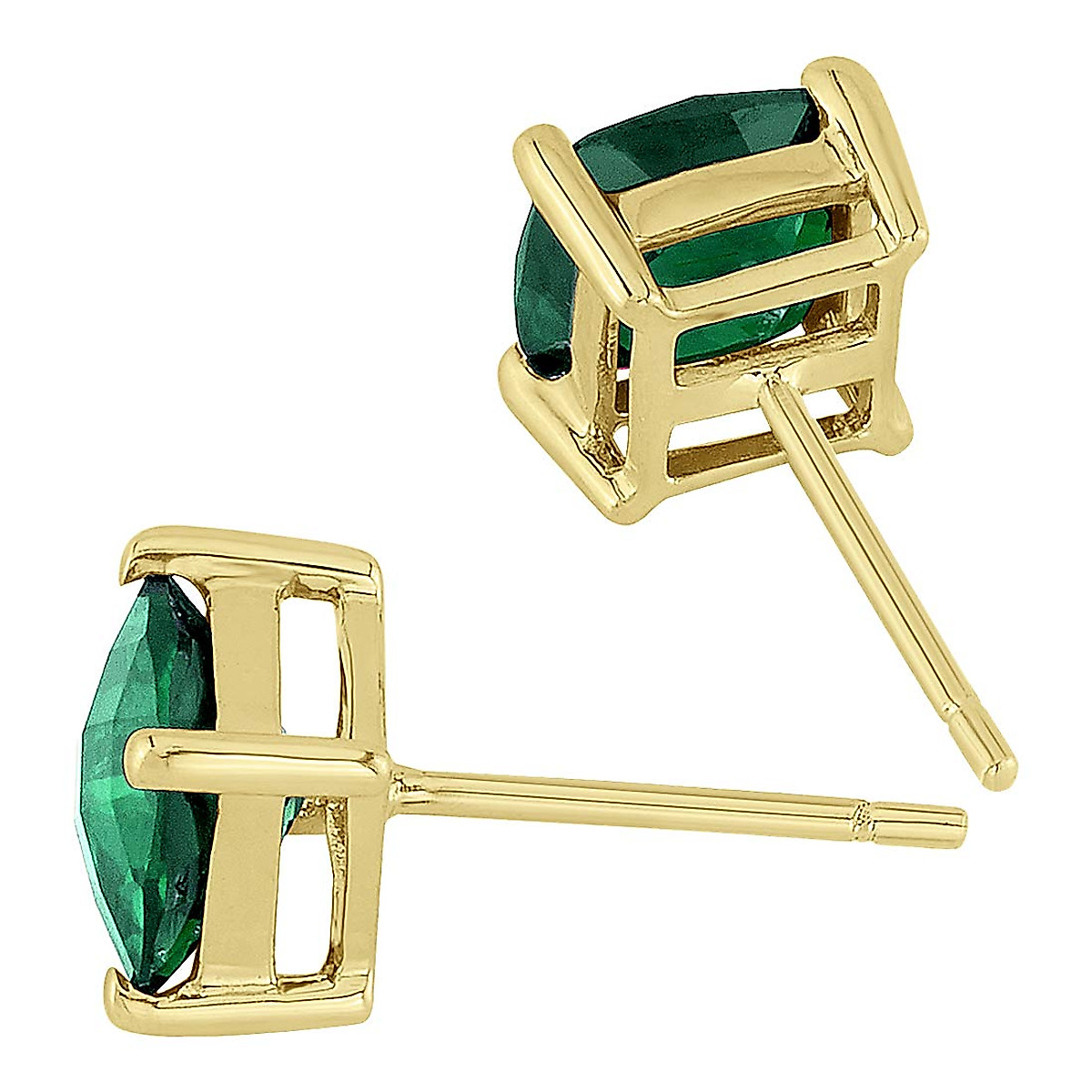 Peora Solid 14K Yellow Gold Created Emerald Stud Earrings for Women, Classic Solitaire, Cushion Cut 6mm, 1.75 Carats total, Friction Back