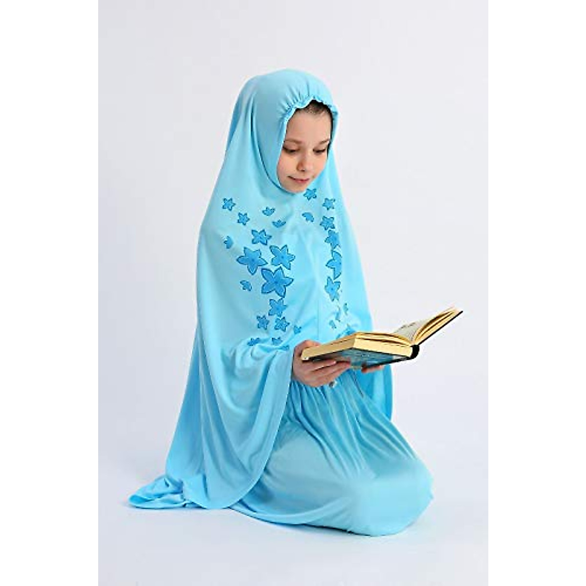 LAZWARD Prayer Dress for Girls, Muslim Girl-Prayer Long Dress Hijab Available for Age from 6-13 Years Old. (Light Blue, 6-7 Years)
