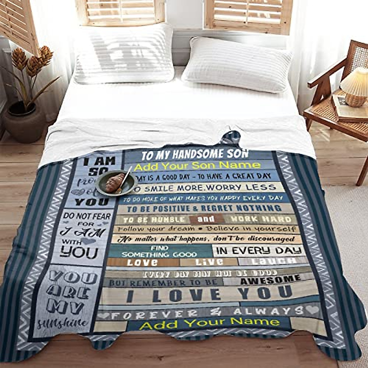 Personalized to My Son Blanket from Mom Dad 60x80 Inches Lightweight Flannel Throws Custom Name Gift for Boy Men Super Soft Comfy Blankets Birthday Christmas Decor Couch Sofa
