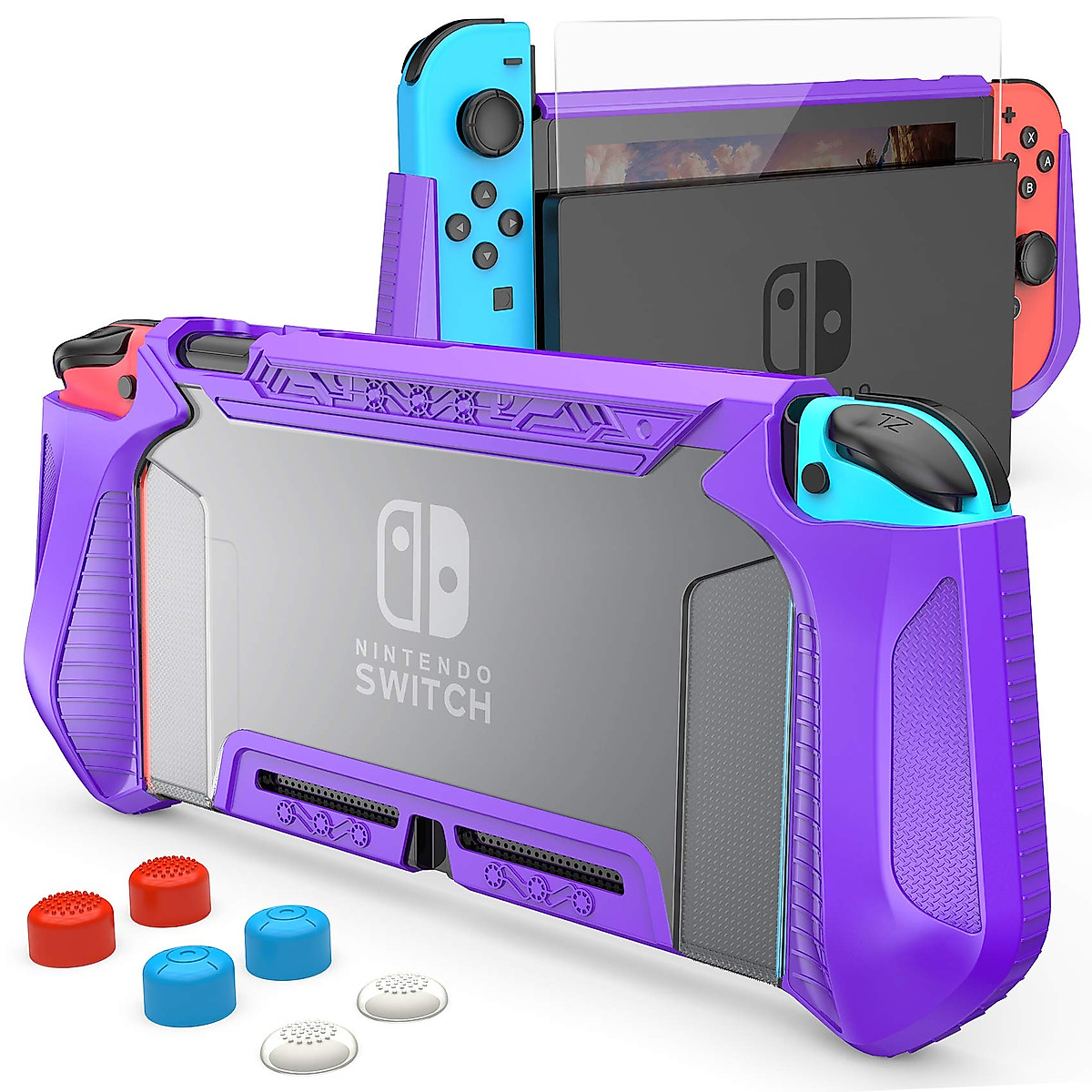 HEYSTOP Case Compatible with Nintendo Switch Case Screen Protector,TPU Protective Heavy Duty Cover Case for Nintendo Switch with Shock Absorption and Anti-Scratch (Transparent Purple)