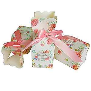 Lontenrea 50 Pcs Floral Pattern Candy Boxes Wedding Birthday Party Favor Gift Box with 50pcs Light Pink Ribbon