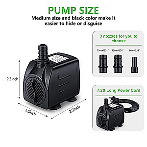 YDDHHB Submersible Pump, 130GPH(10W 500L/H) Fountain Water Pump, Compact Fountain Pump with 6.5ft Power Cord, 3 Nozzles for Fish Tank, Pond, Aquarium, Hydroponics (130GPH)