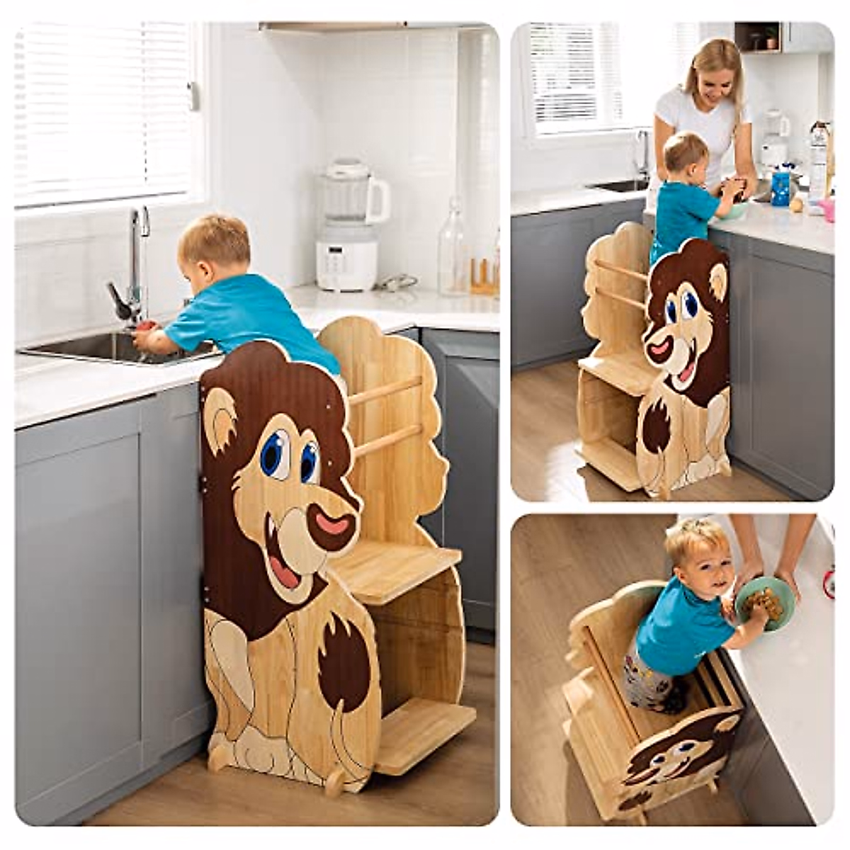 Max & Me Adorable Lion Toddler Kitchen Stool Helper, Adjustable Height Kitchen Stool for Toddlers. Safe Montessori Stool and Toddler Counter Stand Perfect for Learning and Baking