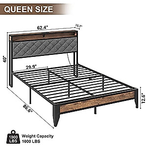 Osfvolr Queen Bed Frame with Charging Station and LED Light, Platform Bed Frame with 2 Tier Storage Upholstered Linen Headboard, Heavy Duty Metal Structure, 12 inch Under Bed Storage, Noise Free