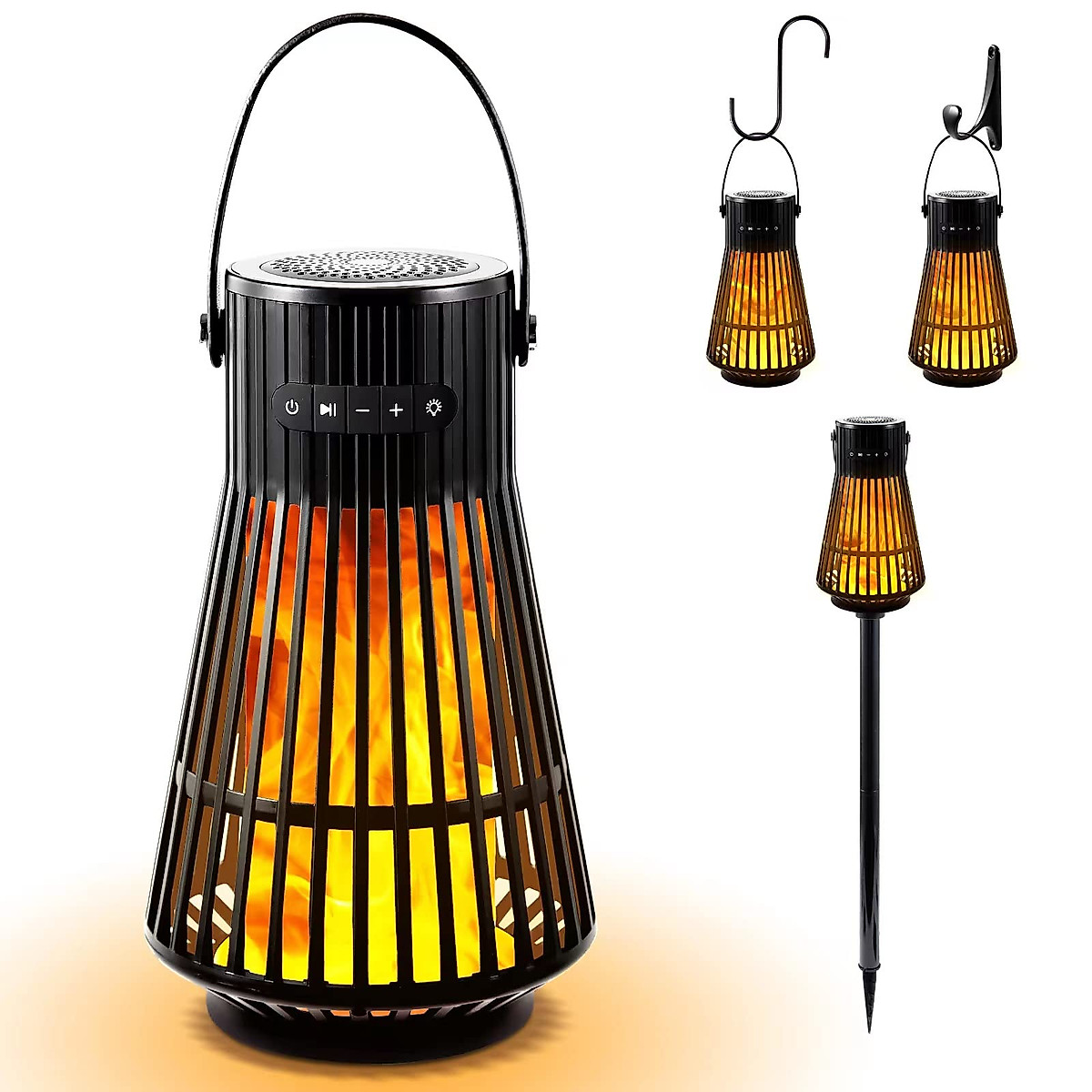 Outdoor Bluetooth Flame Speaker, LED Flickering Flame Effect Speaker with Torch Light, Portable Waterproof Wireless Speaker with Wall Mounted Hook&S Hook&Stake for Camping, Deck, Patio